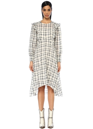 Isabel Marant Kadın Adonis Beyaz Ekoseli Asimetrik Midi Elbise Siyah 38 IT