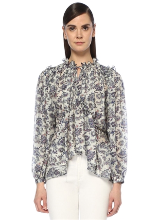 Isabel Marant Kadın Ekru Yakası Bağlı Şal Desenli Balon Kol İpek Bluz 36 IT