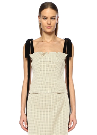 Brock Collection Kadın Trish Krem Kareli Fırfırlı Omzu Bağcıklı Crop Bluz 2 US