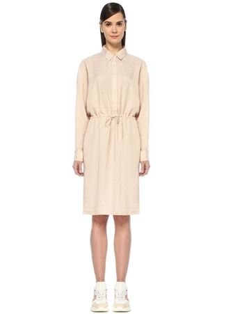 IRO Kadın Markala Bej Çizgi Desenli Midi Gömlek Elbise 34 FR