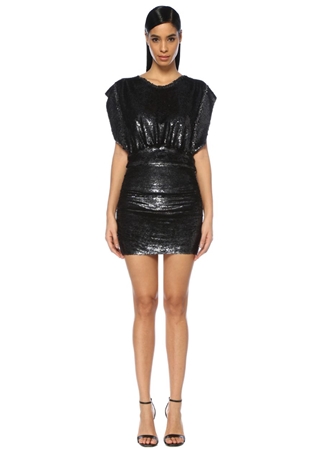 IRO Kadın Miracle Siyah İşlemeli Drapeli Mini Elbise 34 FR