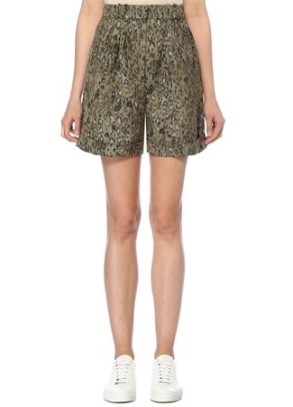IRO Kadın Vainness Haki Yüksek Bel Leopar Desenli Keten Şort 34 FR