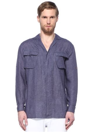 Lardini Erkek Mavi Apaç Yaka Keten Gömlek Lacivert L EU