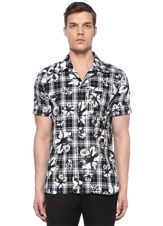 Neil Barrett Erkek Slim Fit Siyah Beyaz Ekoseli Çiçek Desenli Gömlek S EU