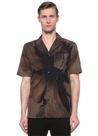 Neil Barrett Erkek Haki Kamp Yaka Batik Desenli Kısa Kollu Gömlek Siyah S EU