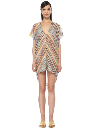 Missoni Mare Kadın V Yaka Renkli Zikzak Desenli Simli Kısa Kaftan 42 IT