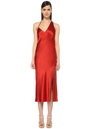 Michelle Mason Kadın Kırmızı V Yaka Asimetrik Midi İpek Saten Elbise 4 US