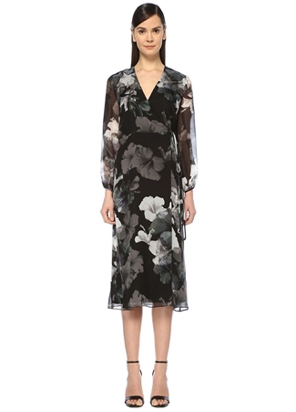 Michelle Mason Kadın Siyah V Yaka Çiçekli Midi İpek Anvelop Elbise 2 US