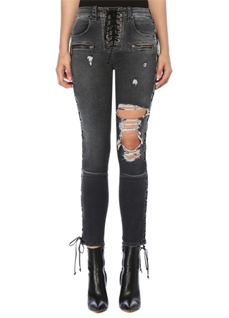 Unravel Kadın Skinny Fit Antrasit Bağcık Detaylı Jean Pantolon Siyah 27 US Unravel Kadın Skinny Fit Antrasit Bağcık Detaylı Jean Pantolon Siyah 27 US