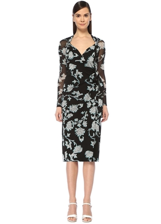 Diane Von Furstenberg Kadın Marin Siyah Çiçekli Düğümlü Midi Anvelop Elbise Mavi S EU