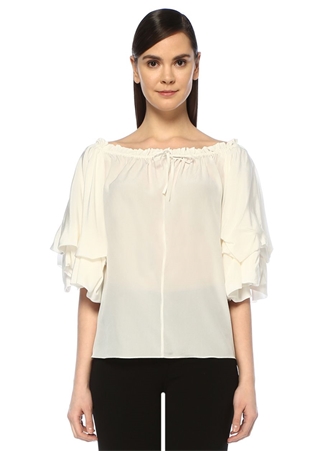 Diane Von Furstenberg Kadın Georganne Ekru Omzu Açık Dökümlü İpek Bluz Bej L EU