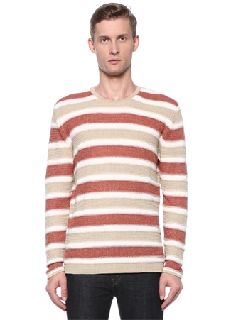 Altea Erkek Bej Bisiklet Yaka Çizgi Desenli Keten Kazak M EU