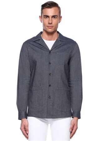 Luciano Barbera Erkek Lacivert Kamp Yaka Keten Dış Gömlek XXL EU