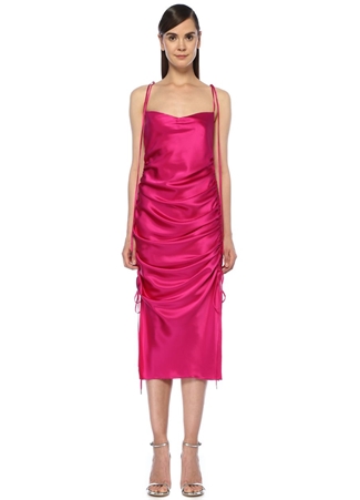Galvan Kadın Yasmine Şeftali Büzgülü İpek Saten Abiye Elbise Pembe 38 IT