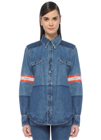 Calvin Klein 205we39nyc Kadın Reflektörlü Şerit Detaylı Denim Gömlek Mavi S EU