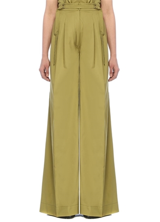 Alberta Ferretti Kadın Yeşil Yüksek Bel Pilili Bol Paça Pantolon Haki 40 IT