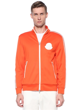 Moncler Erkek Turuncu Beyaz Dik Yaka Kolları Şeritli Sweatshirt M EU
