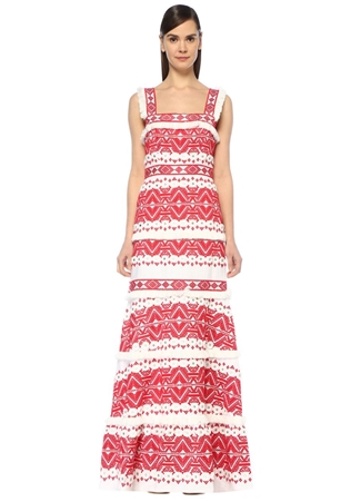 Alexis Kadın Leonora Kırmızı Beyaz Nakışlı Maksi Keten Elbise S EU