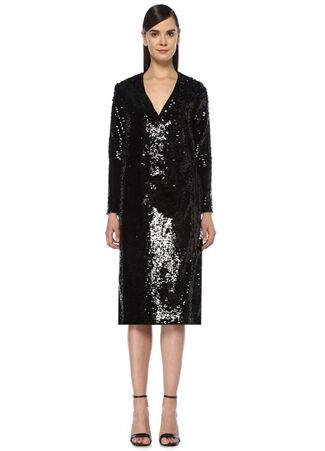 Ganni Kadın Siyah İşlemeli Uzun Kol Midi Kokteyl Elbise 36 FR