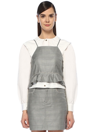 Ganni Kadın Gri Kare Yaka Ekoseli Taş Detaylı İpek Bluz 36 FR