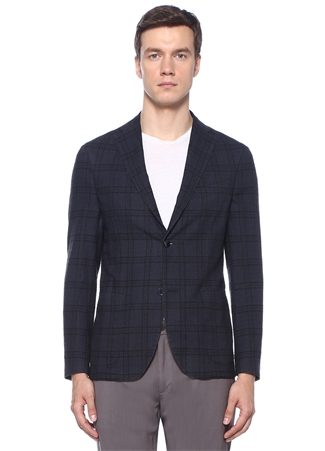 Boglioli Erkek Lacivert Kelebek Yaka Ekoseli Yün Ceket 48 IT