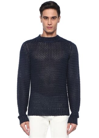 Alfredo Erkek Lacivert Bisiklet Yaka Örgü Dokulu Keten Kazak L EU