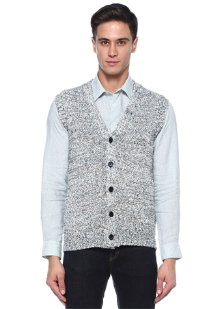 Alfredo Erkek Lacivert Beyaz V Yaka Dokulu Keten Yelek S EU