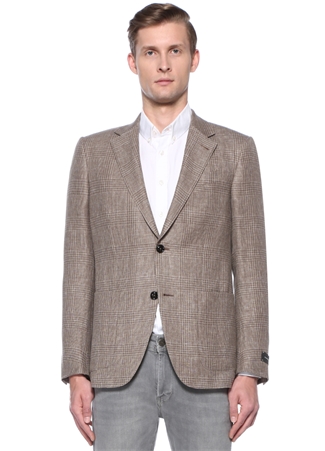 Zegna Erkek Drop 7 Kelebek Yaka Kazayağı Desenli Keten Ceket Kahverengi 54 IT