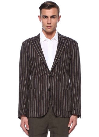 Z Zegna Erkek Drop 8 Kahverengi Kelebek Yaka Çizgili Keten Ceket 52 IT
