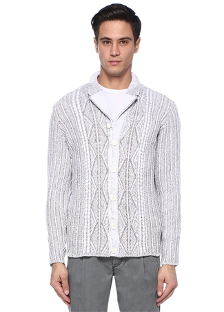Inis Meain Erkek Gri Beyaz Kelebek Yaka Örgü Dokulu Keten Hırka S EU