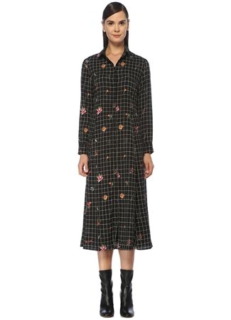 Beymen Club Kadın Siyah Kareli Çiçek Desenli Midi Gömlek Elbise 34