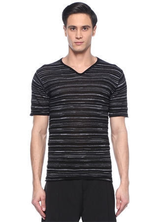 Isabel Benenato Erkek Siyah Beyaz V Yaka Çizgi Dokulu Kısa Kollu Triko S EU