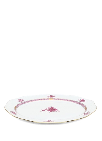 Herend Beyaz Çiçek Desenli Porselen Servis Tabağı Pembe