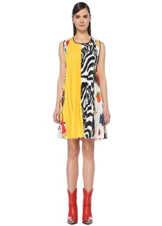 Msgm Kadın Colorblocked Desenli Pilili Mini Elbise 40 IT