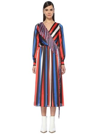 Msgm Kadın Colorblocked Püskül Detaylı Çizgili Midi Elbise Lacivert 42 IT