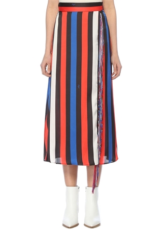 Msgm Kadın Yüksek Bel Çizgili Püskül Detaylı Midi Etek Lacivert 38 IT