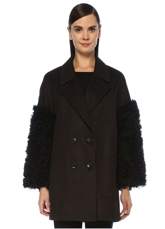 Beymen Collection Kadın Kahverengi Ekoseli Kol Detaylı Kruvaze Yün Kaban 34