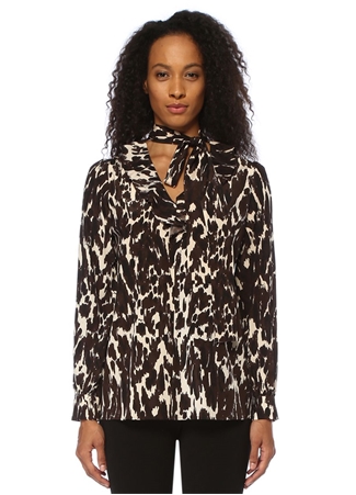 Beymen Collection Kadın Kahverengi Leopar Desenli Fularlı İpek Bluz 34