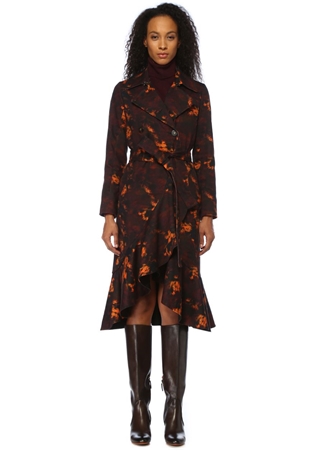 Beymen Collection Kadın Kamuflaj Desenli Volanlı Kruvaze Pardösü Kahverengi 34