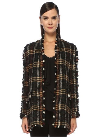 Beymen Collection Kadın Siyah Şal Yaka Ekoseli Püsküllü Tweed Ceket Kahverengi 34