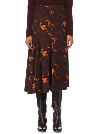 Beymen Collection Kadın Kahverengi Kamuflaj Desenli Volanlı Midi Etek 36