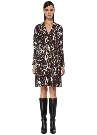 Beymen Collection Kadın Kahverengi V Yaka Leopar Desenli Midi Elbise 36