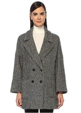 Beymen Collection Kadın Siyah Balıksırtı Desenli Kruvaze Yün Kaban 42