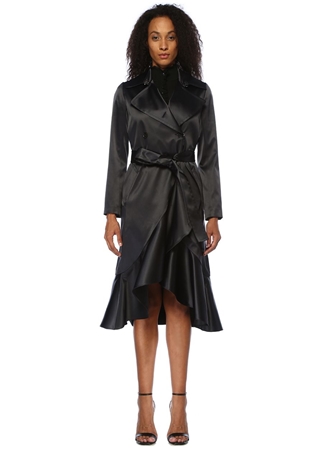 Beymen Collection Kadın Lacivert Volanlı Kruvaze Saten Pardösü Siyah 42