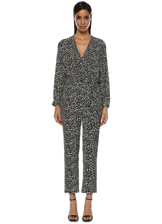 Academia Kadın Siyah V Yaka Çiçekli Beli Kuşaklı Krep Tulum 36