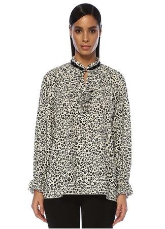 Academia Kadın Ekru Yakası Troklu Bağcıklı Leopar Desenli Bluz Siyah 36