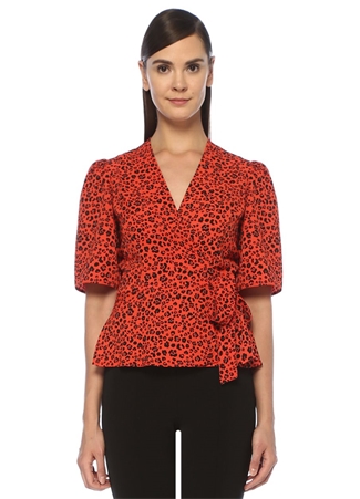Academia Kadın Kırmızı V Yaka Leopar Desenli Kruvaze Krep Bluz 34