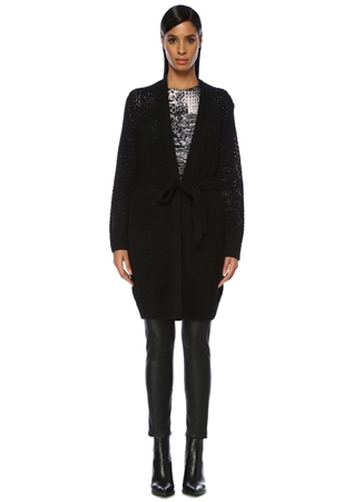 Academia Kadın Siyah Beli Kuşaklı File Örgü Uzun Hırka S