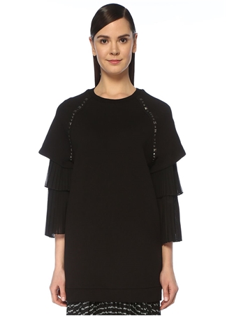 Academia Kadın Siyah Troklu Pilili Katlı Reglan Kol Sweatshirt XS