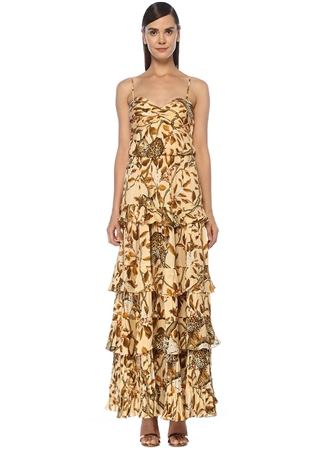 Johanna Ortiz Kadın All I ve Ever Leoparlı Fırfırlı İpek Maksi Elbise Turuncu 4 US